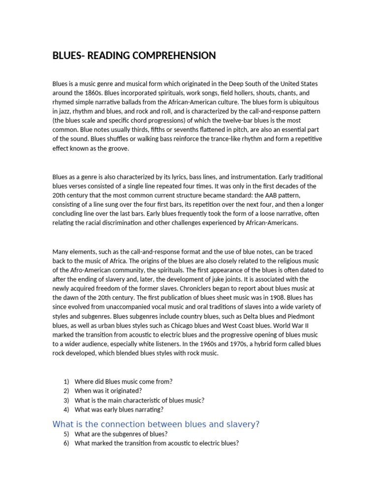 Blues Music Reading Comprehension A2 | PDF | Blues | North American ...