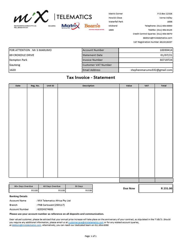 MiX Telematics Tax Invoice - Statement | PDF | Invoice | Payments