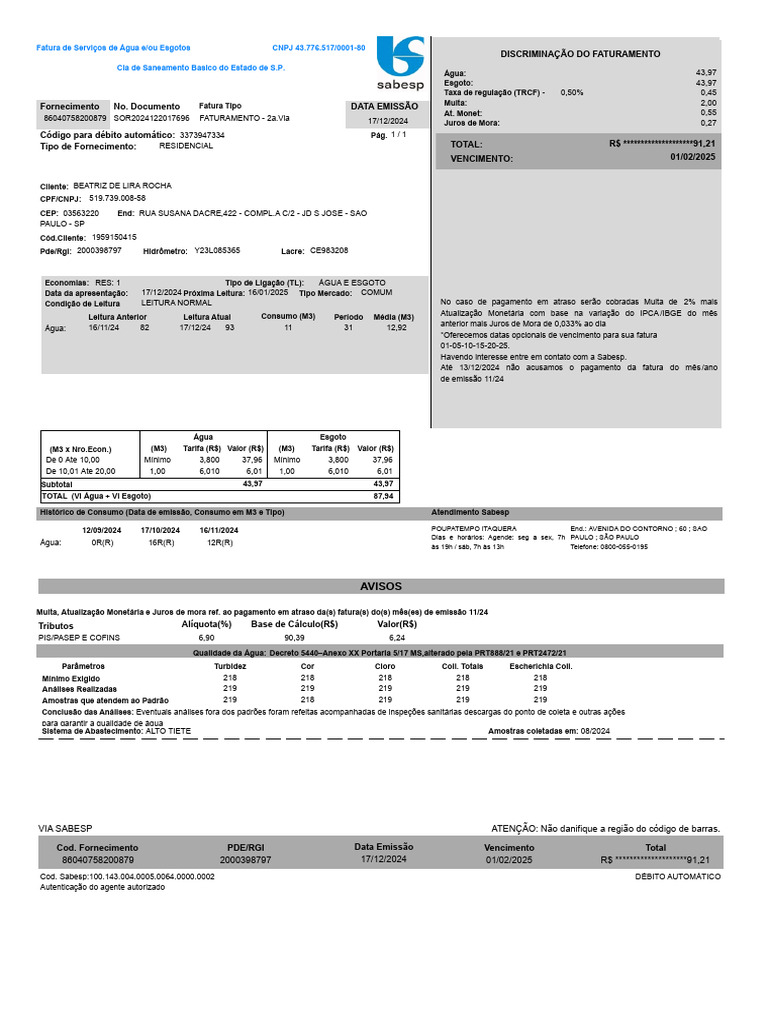 Sabesp Fatura Completa 86040758200879 9108844028179 442340 | PDF