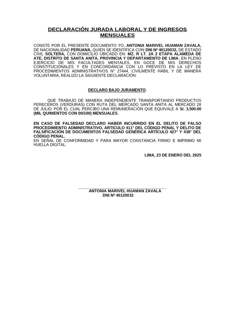 Declaración Jurada Laboral y de Ingresos Mensuales | PDF | Justicia | Crimen y violencia