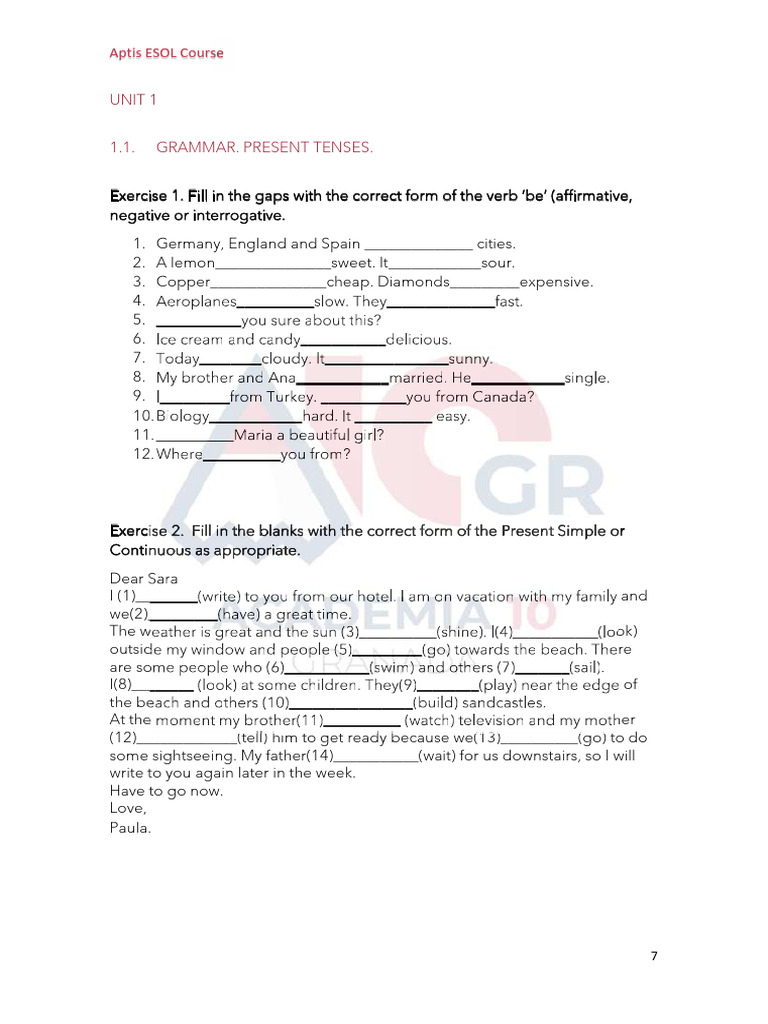 Grammar Present Tenses 1 1 Aptis Esol 2022 | PDF
