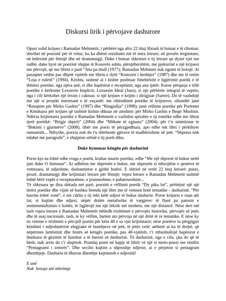 Diskursi Lirik I Përvojave Dashurore | PDF
