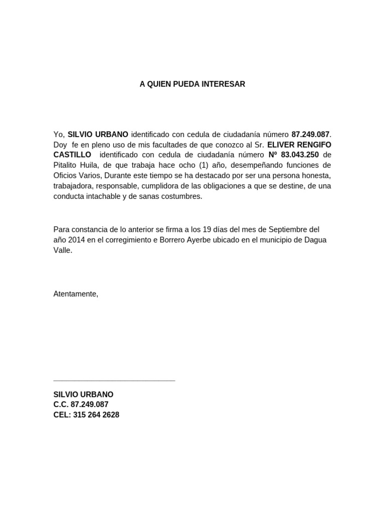 A Quien Pueda Interesar - Referencia 0302 | PDF