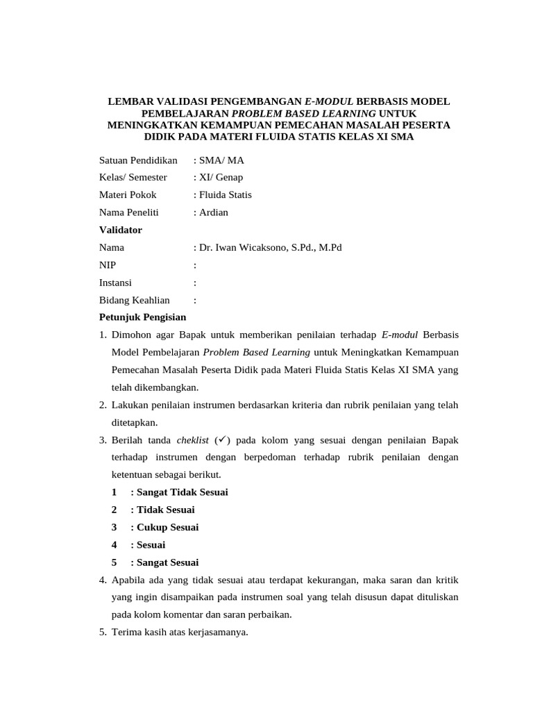 Lembar Validasi Pengembangan E-Modul Validator 1 | PDF
