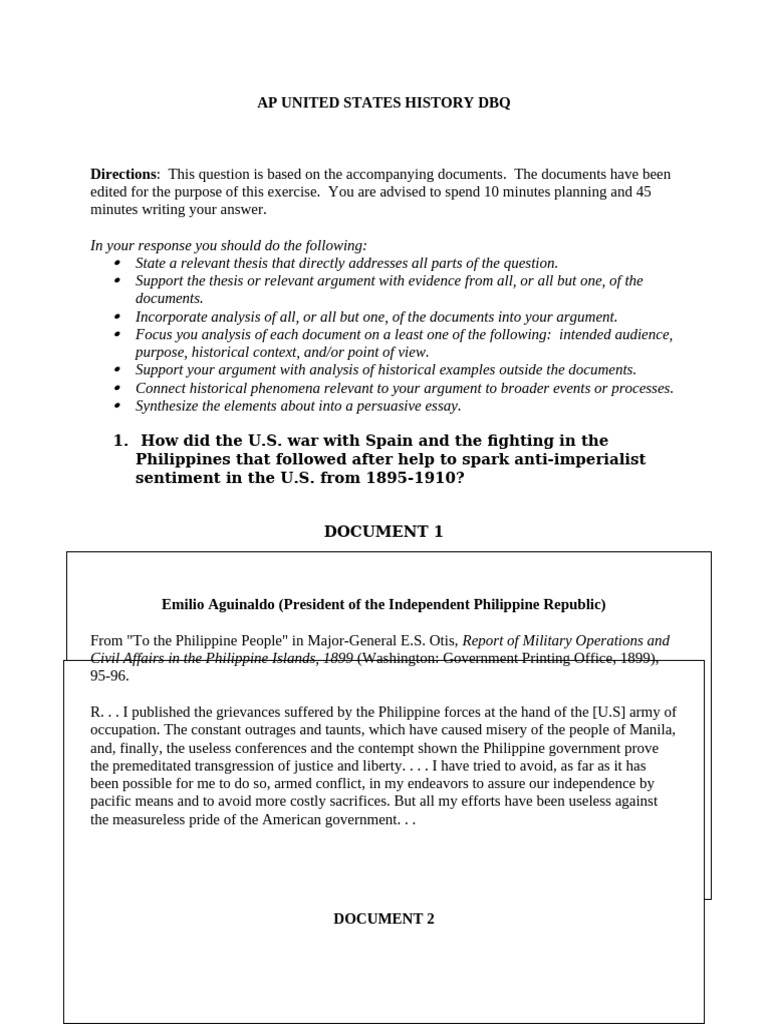 APUSH Unit 7 Anti-Imperialism DBQ | PDF