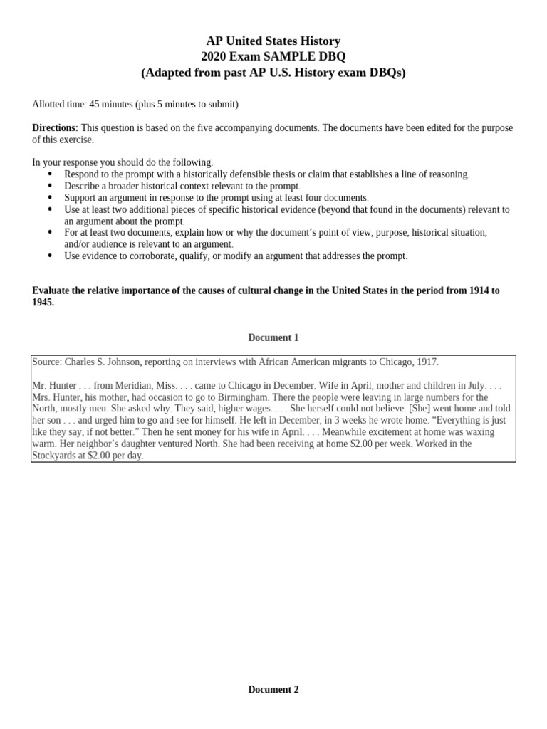 AP U.S. History 2020 Exam Sample DBQ | PDF
