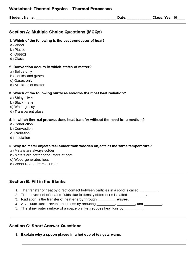 Yr 10 Worksheet - Thermal Physics - Thermal Processes | PDF | Heat Transfer | Heat