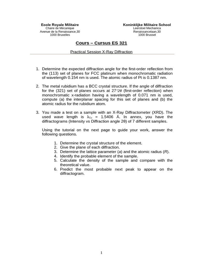 03 Exercises X Ray Diffraction Pdf Diffraction Crystal Structure