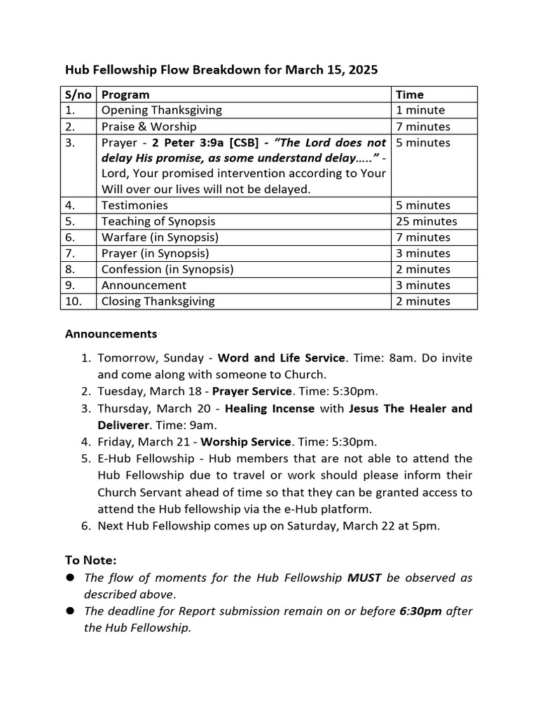 Hub Fellowship Flow Breakdown for March 15 | PDF