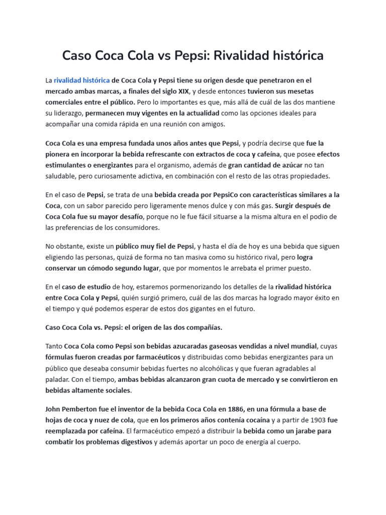 Rivalidad Coca Cola vs Pepsi: Historia y Éxito | PDF | Pepsi | Coca Cola