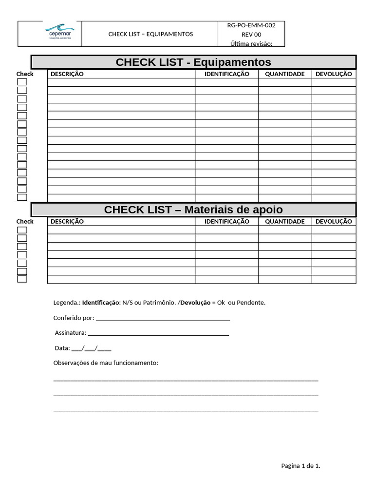RG-PO-EMM-002 - CHECK LIST DE EQUIPAMENTOS REV 00 | PDF