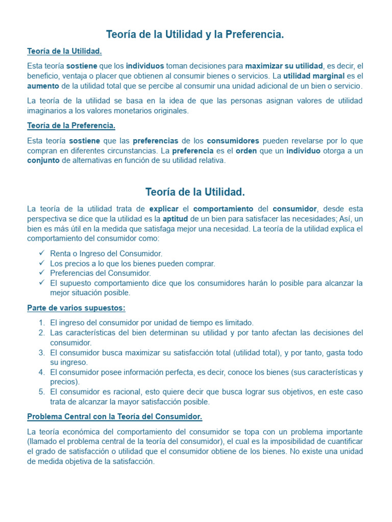 Teoría de La Utilidad y La Preferencia | PDF | Utilidad | Utilidad marginal