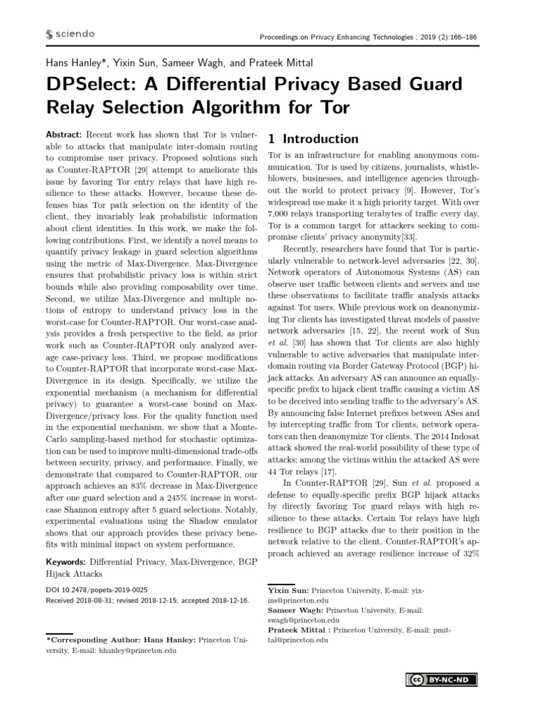 DPSelect - A Differential Privacy Based Guard Relay Selection Algorithm For Tor | PDF | Computer ...
