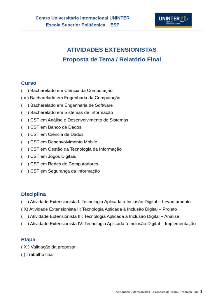 Atividades Extensionistas - Projeto - Modelo de Proposta de Tema - Cursos Bacharelados | PDF ...