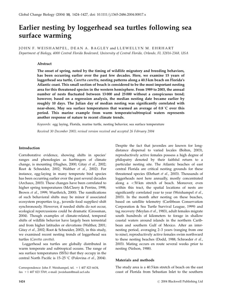 Earlier nesting by loggerhead sea turtles following sea surface warming ...