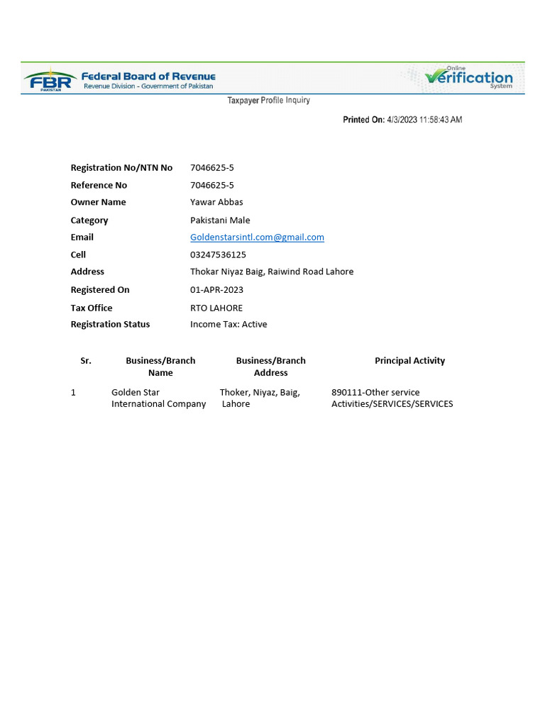 Gsi FBR Certificate | PDF