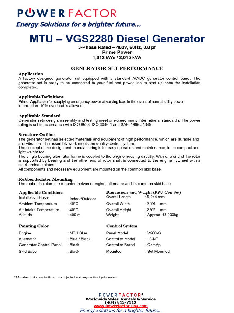 PowerFactor MTU 1612KW VGS2280 Specifications-60HZ | PDF | Engines ...