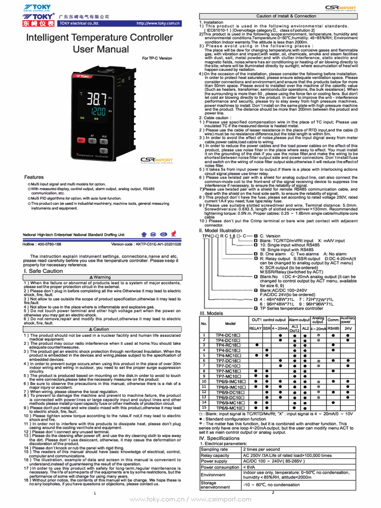Toky Intelligent Temperature Controller Manual | PDF | Electrical ...