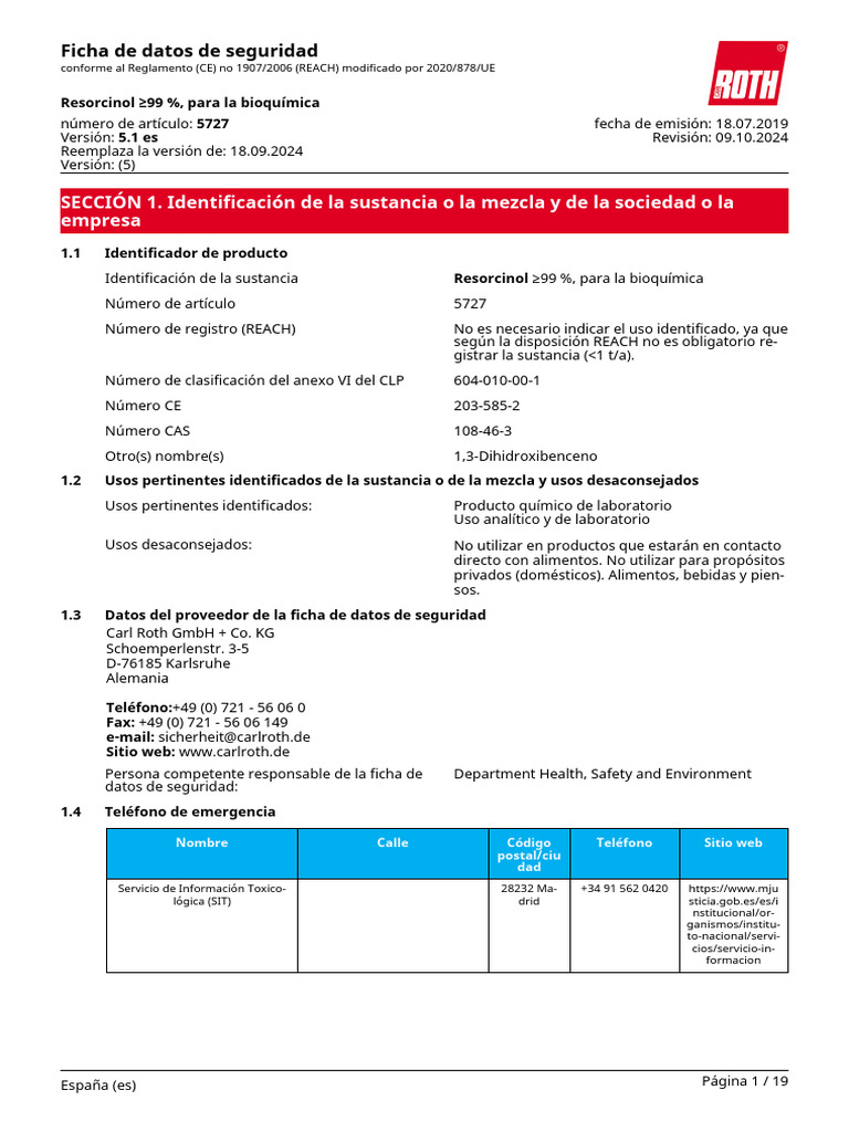 Ficha de Datos de Seguridad Resorcinol | PDF | Toxicidad | Residuos