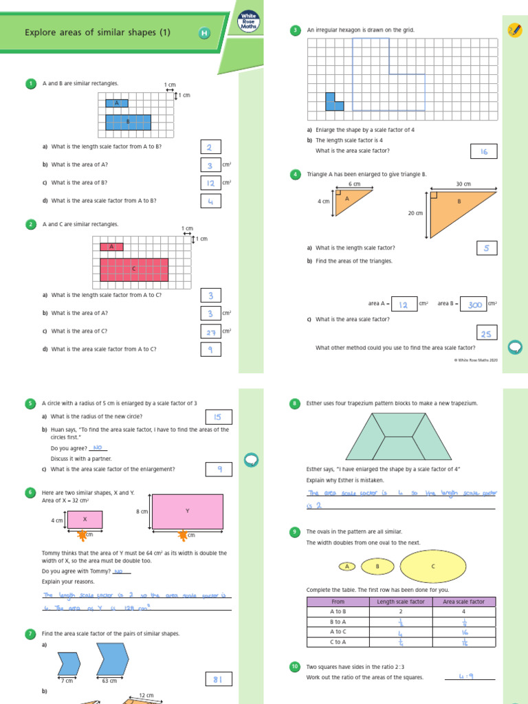 Area of Similar Shapes - Worksheet Answer | PDF | Area | Geometric Shapes