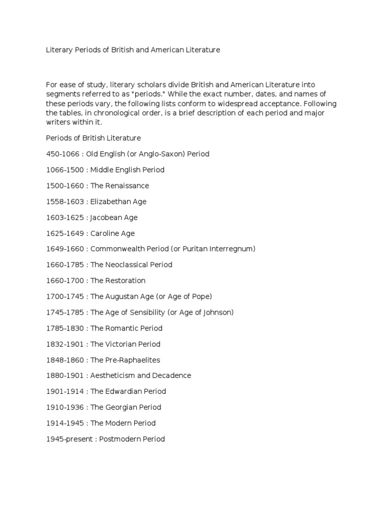 2 - Literary Periods of British and American Literature | PDF | English ...
