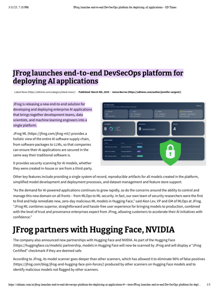 JFrog Launches End-To-End DevSecOps Platform For Deploying AI Applications - SD Times | PDF ...
