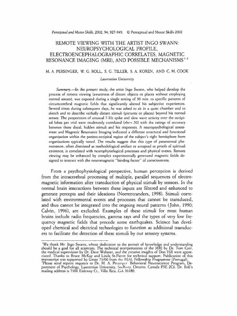 Ingo Swann's Remote Viewing Study | PDF | Perception | Wechsler Adult ...