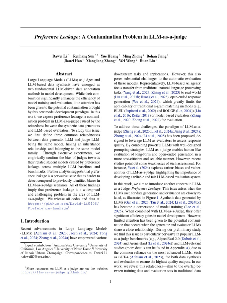 Preference Leakage - A Contamination Problem in LLM-as-a-judge | PDF ...