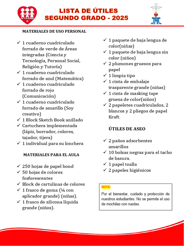 Lista de Útiles 2do Grado | PDF