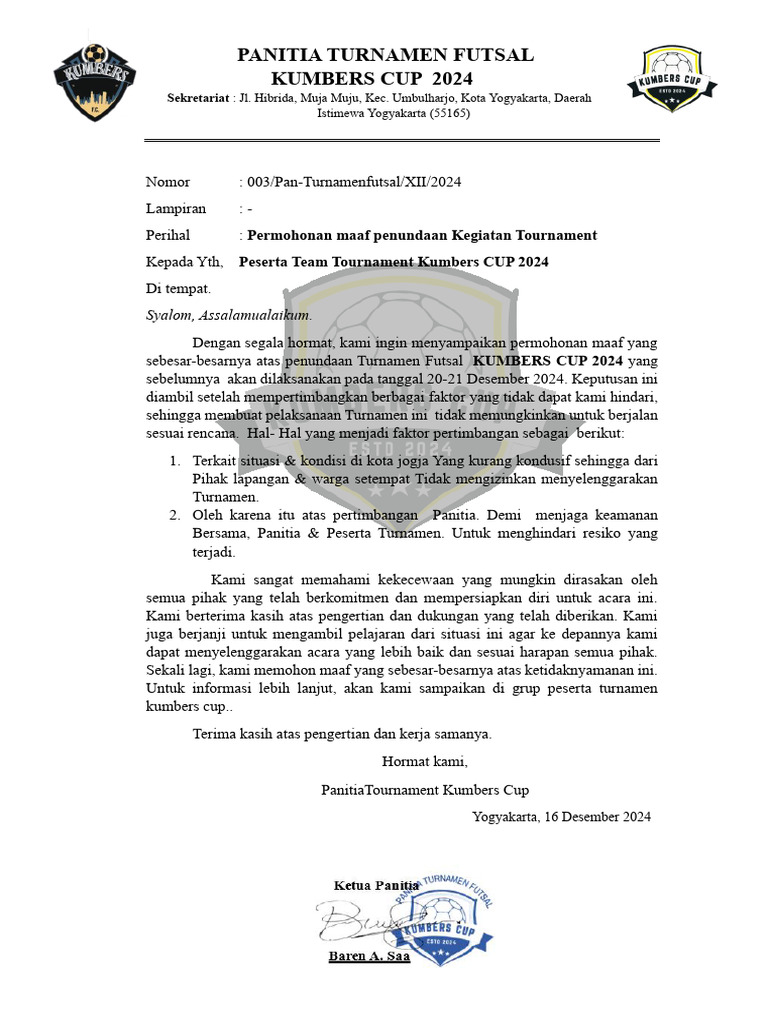 Surat Permohonan Maaf Panitia Tournament Kumbers Cup 2024-1 | PDF