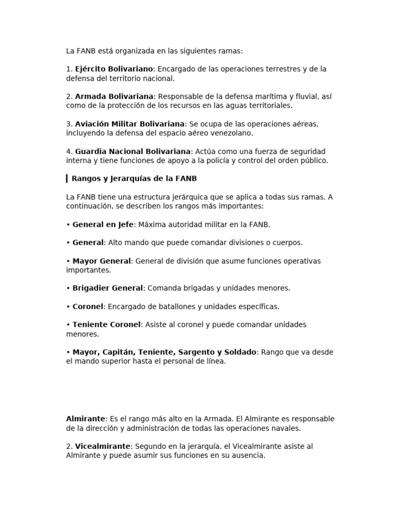 La FANB Está Organizada en Las Siguientes Ramas | PDF | Oficial general ...
