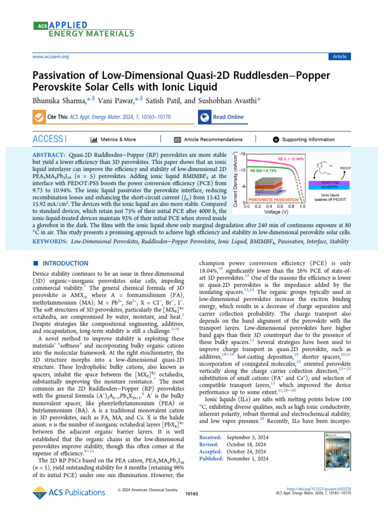 Sharma Et Al 2024 Passivation of Low Dimensional Quasi 2d Ruddlesden Popper Perovskite Solar ...
