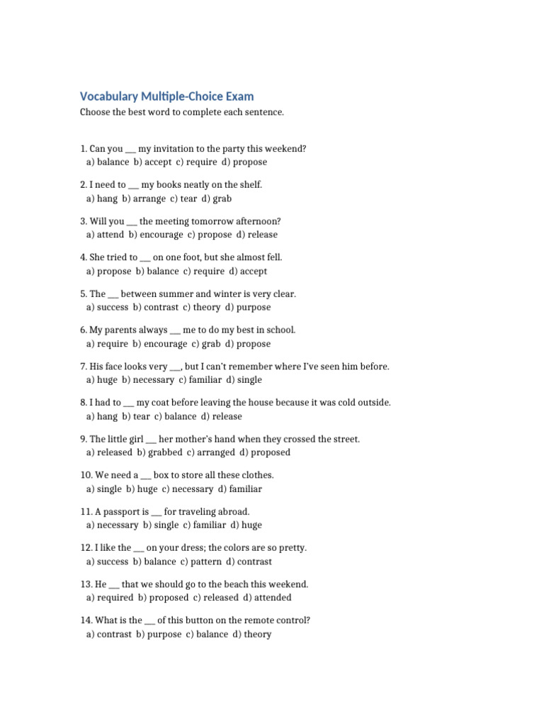 Vocabulary Multiple Choice Exam | PDF