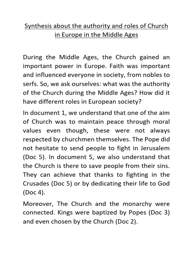 Synthesis About The Authority and Roles of Church in Europe in The ...