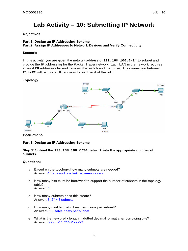 Lab Activity - 10 Subnetting IP Network | PDF | Computer Network | Ip Address