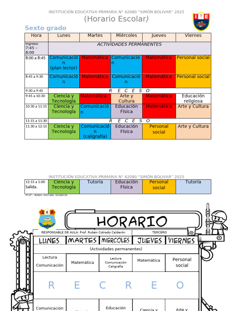 Horario Escolar Sexto Grado 2025 | PDF