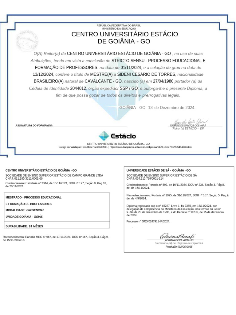 Certificado Estacio - Mestrado - Sideni Cesário de Torres | PDF | Universidade | Estágios ...