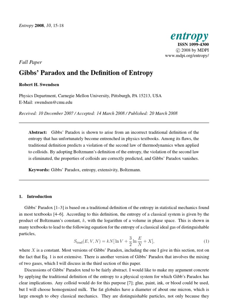 Entropy: Gibbs' Paradox and The Definition of Entropy | PDF | Entropy ...
