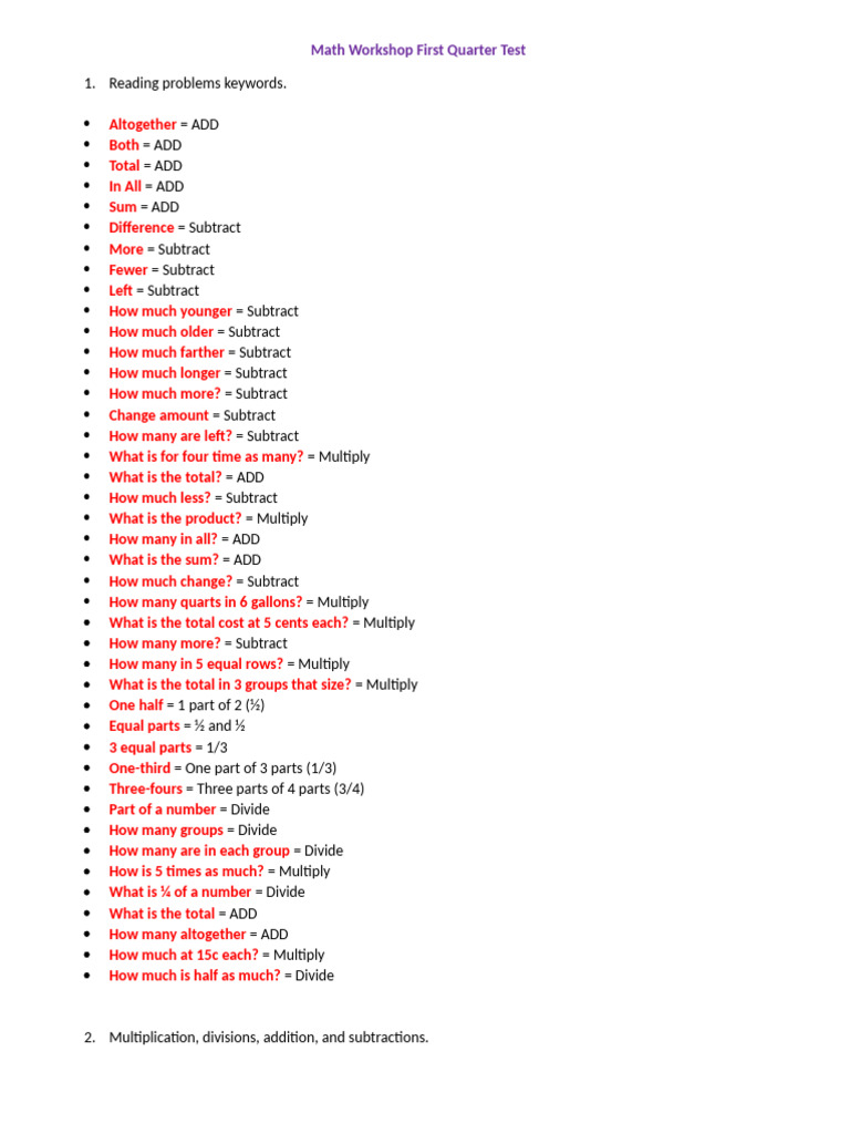 Math Workshop Test Keywords & Concepts | PDF | Penny (United States ...
