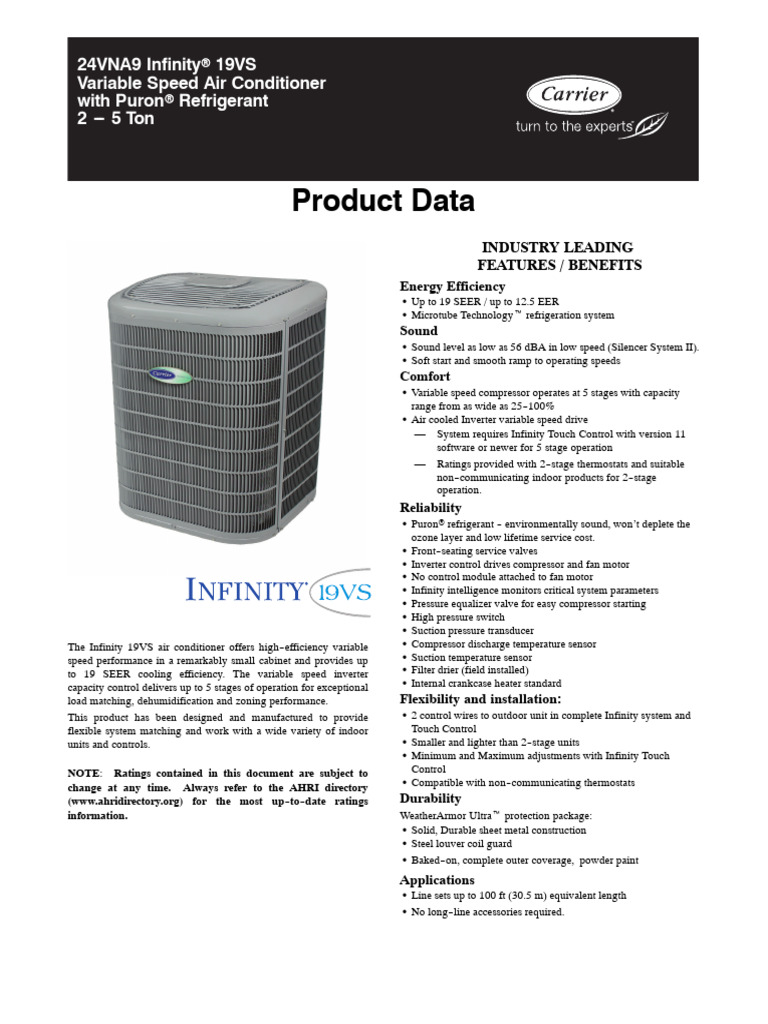 Carrier 24VNA9 Air Conditioner Data | PDF | Air Conditioning ...