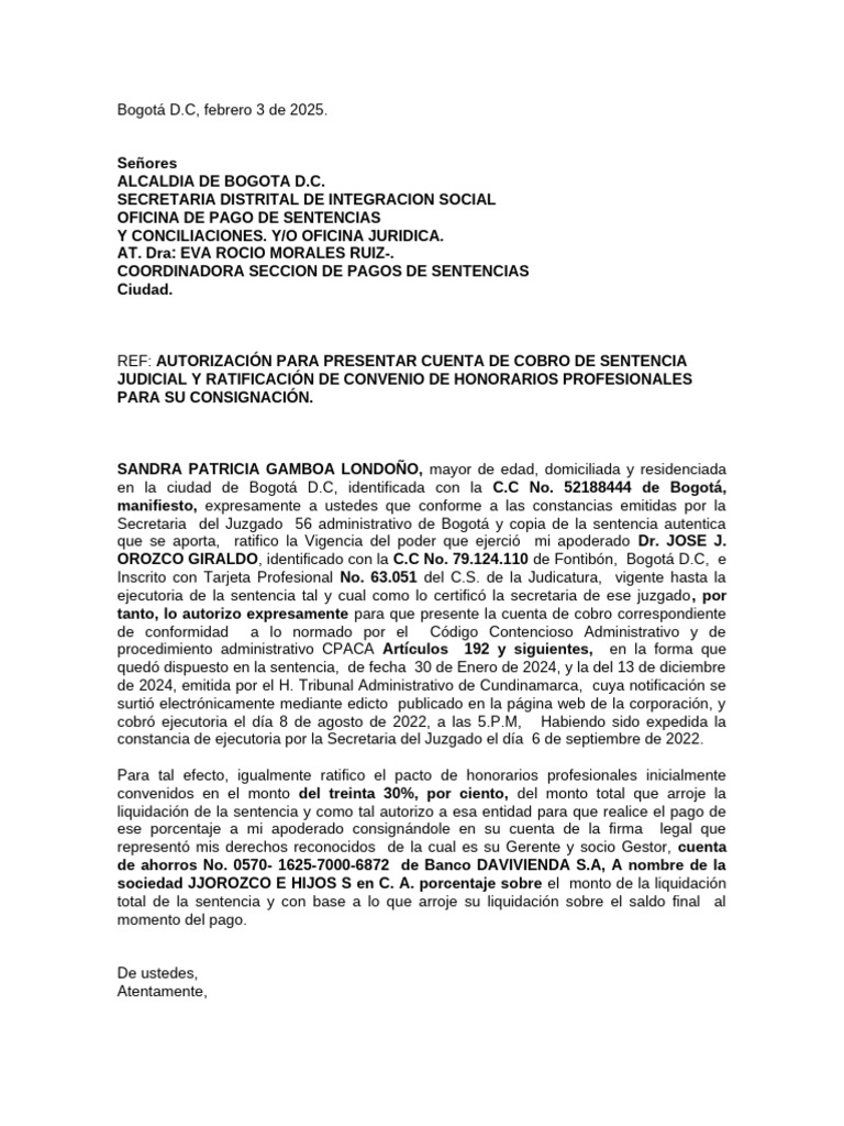 Autorizacion de Consignacion en Cuenta - Sandra Patricia Gamboa. | PDF