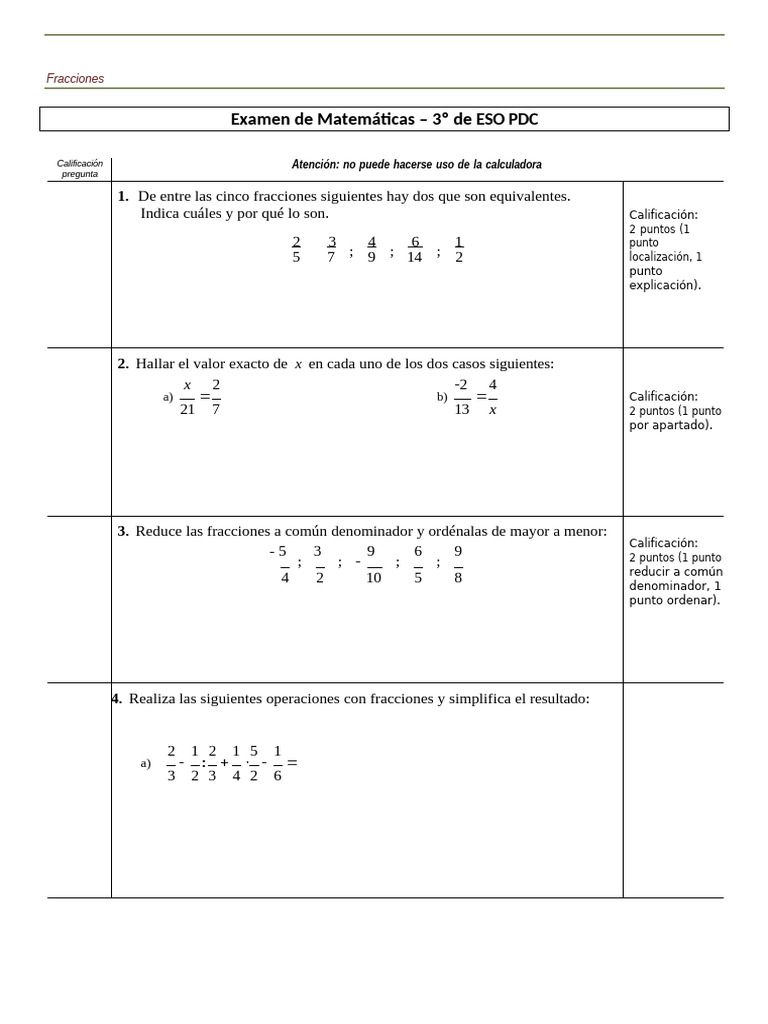 Examen Fracciones | PDF | Matemáticas | Aritmética