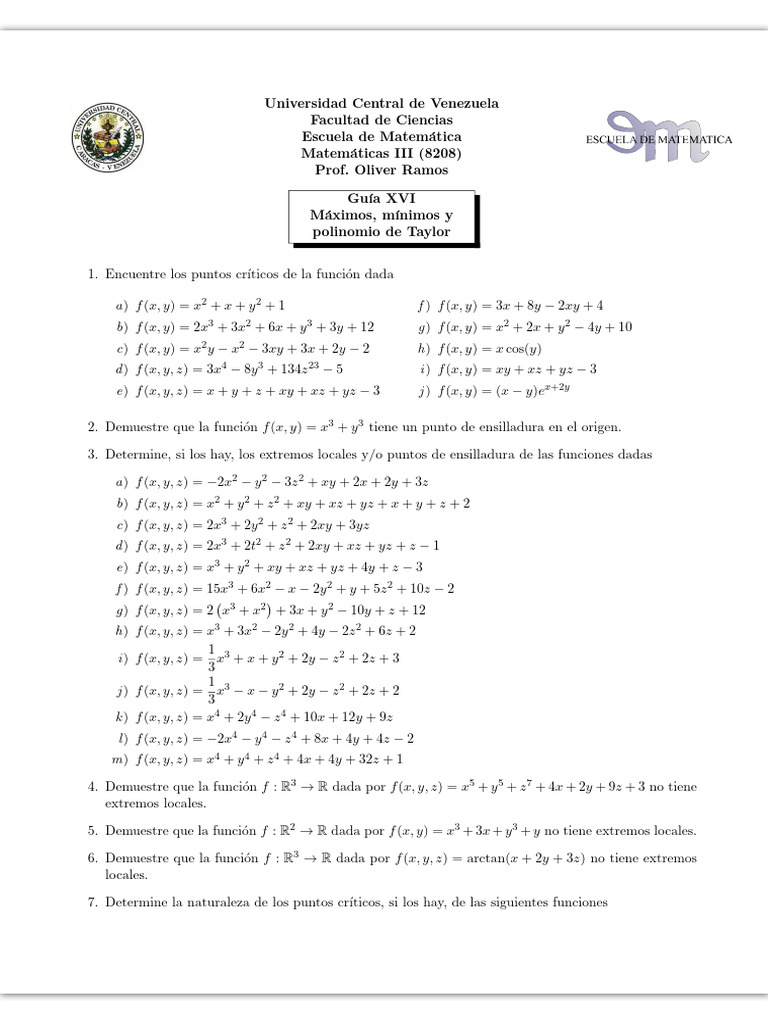 Guia16, Maximos y mínimos y Polinomios de Taylor | PDF | Conceptos matemáticos | Geometría Elemental