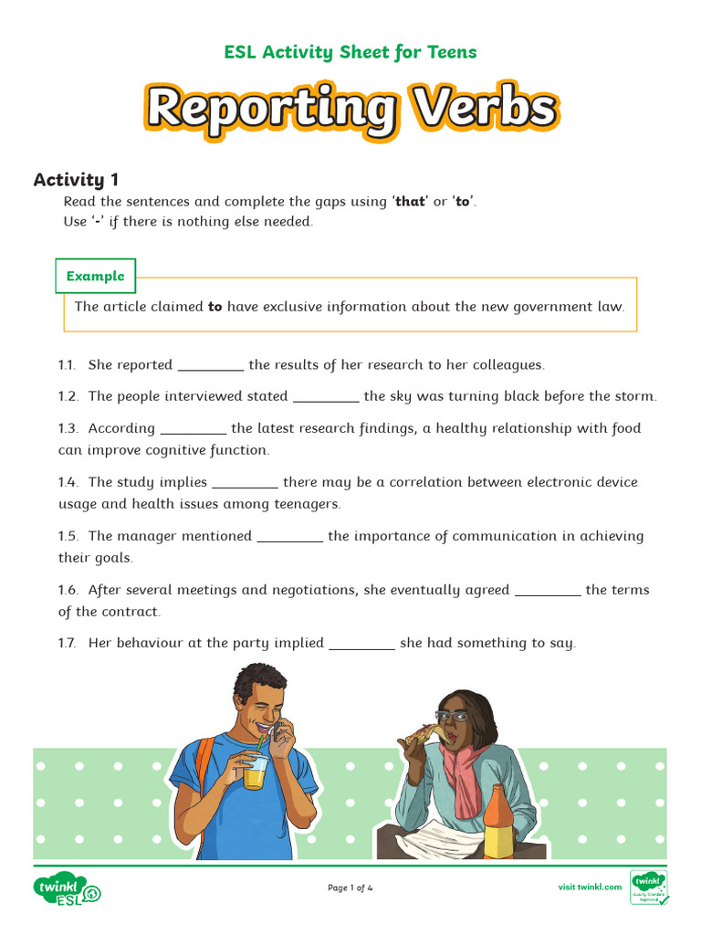 Reporting Verbs ESL Activity Sheet | PDF | Linguistics