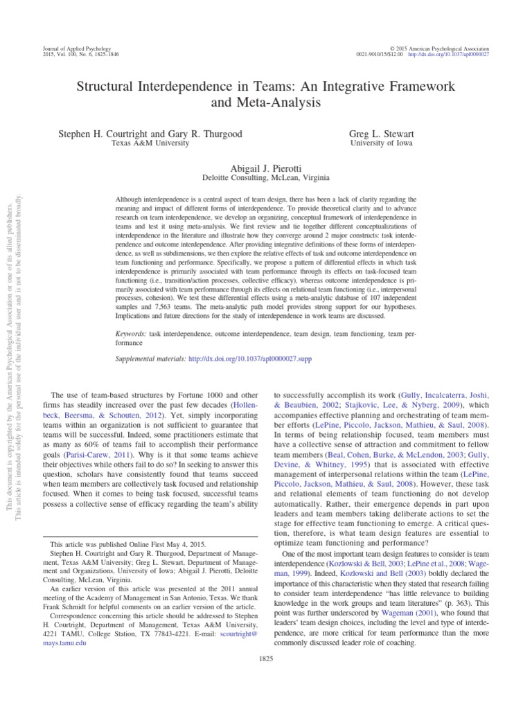 Structural Interdependence in Teams: An Integrative Framework and Meta ...