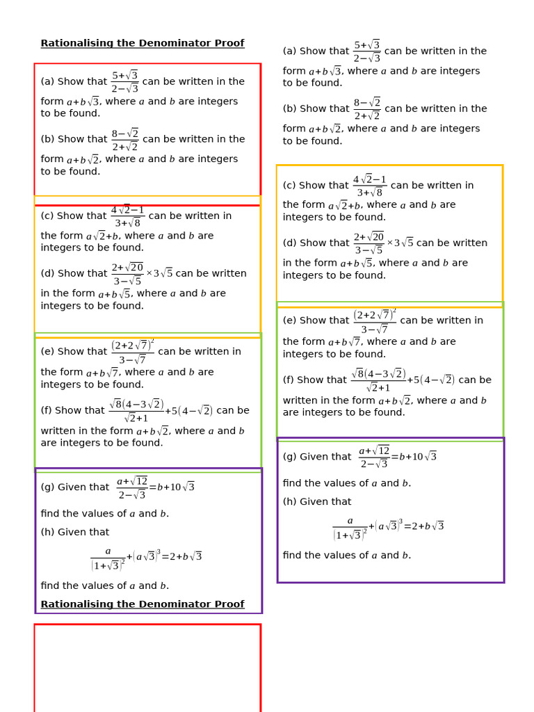Rationalising The Denominator Proof Practice Strips | PDF ...
