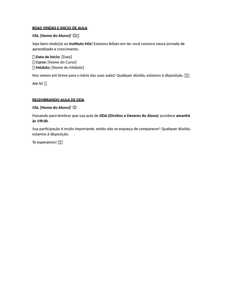 Boas Vindas e Inicio de Aula | PDF