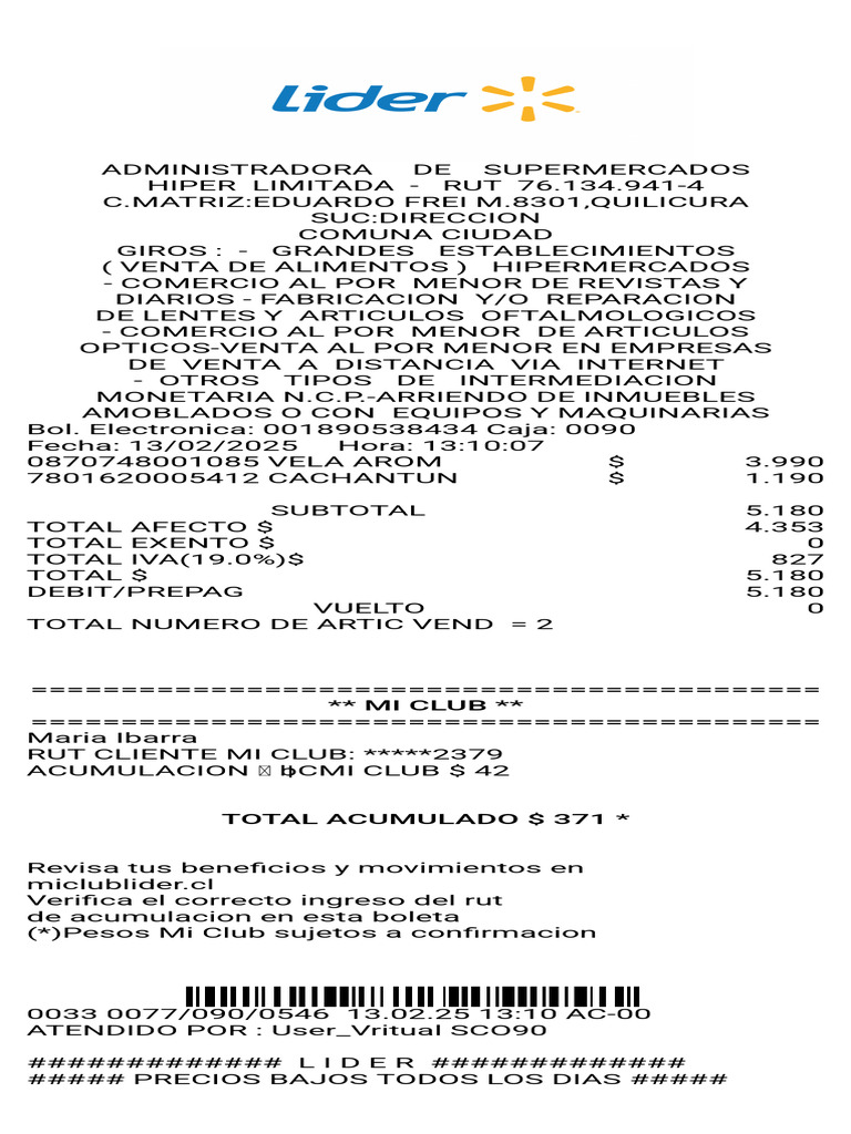 Boleta de Compra en Supermercado Líder | PDF