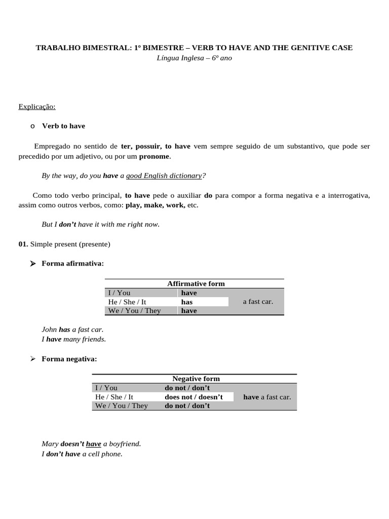 Verb to Have e Genitive Case em Inglês | PDF | Semântica | Sintaxe