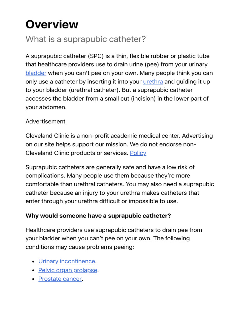 Suprapubic Catheter - Changing, Flushing & Recovery | PDF | Urination ...